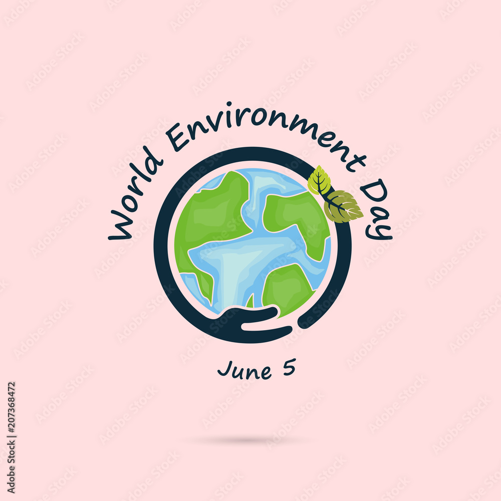Hand and Green Leaves sign.World Environment day concept vector logo ...