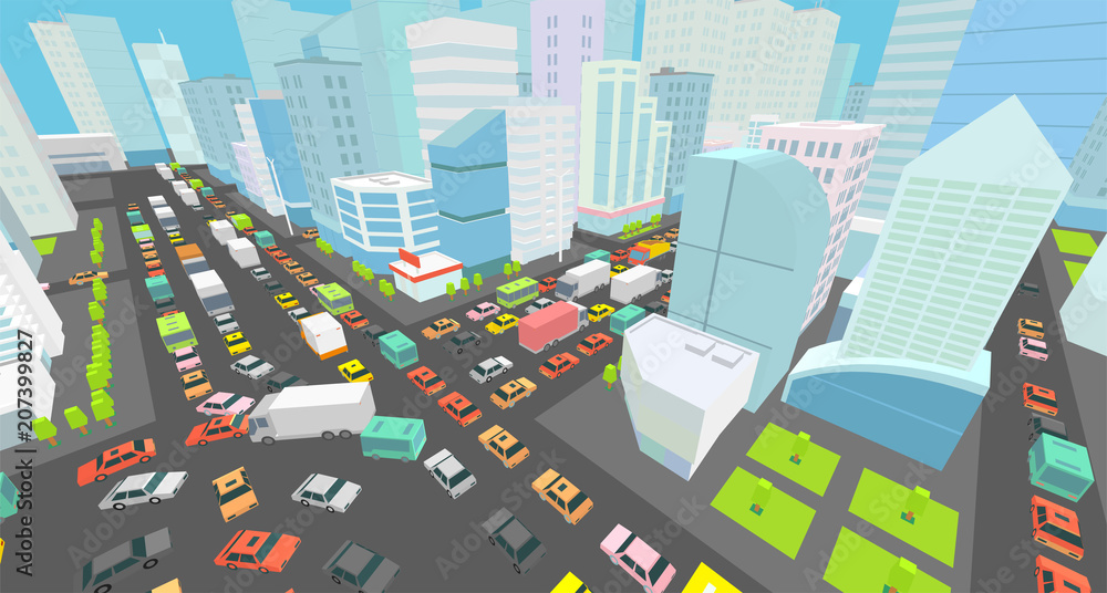 City street Intersection traffic jams road 3d. Black lines outline ...