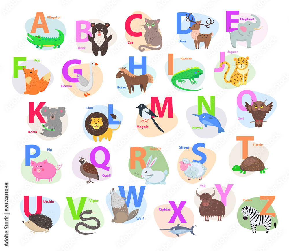 Children ABC with Cute Animals Cartoon Flat Vector Stock Vector | Adobe ...
