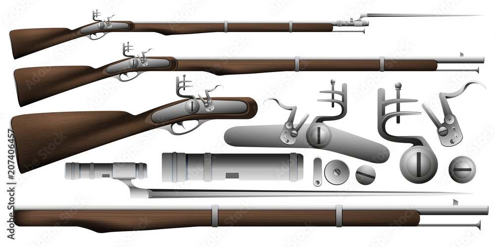A musket with a bayonet. Illustration of an old gun. Part of the weapon ...