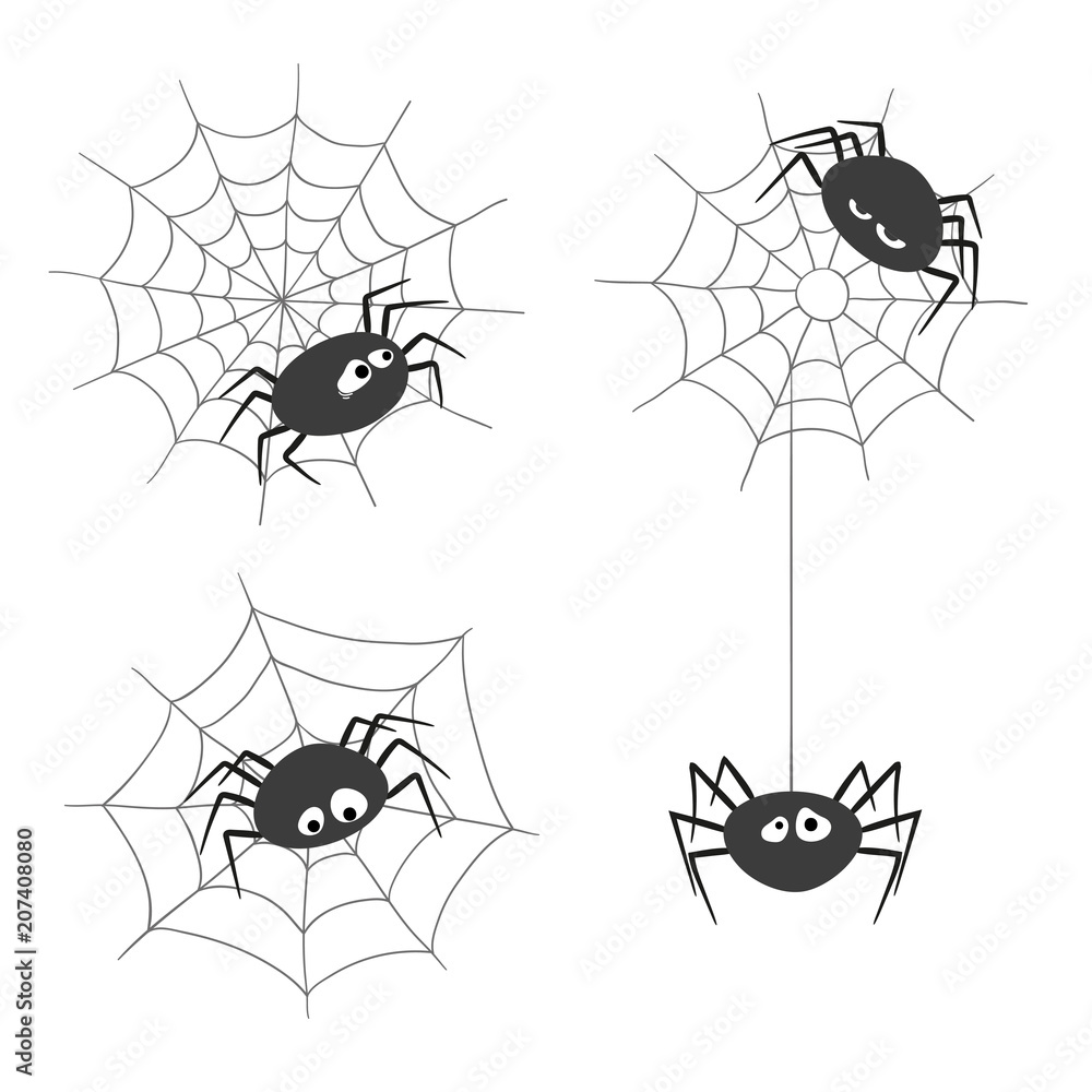 Set of cute cartoon spiders and spiderwebs isolated on white background ...