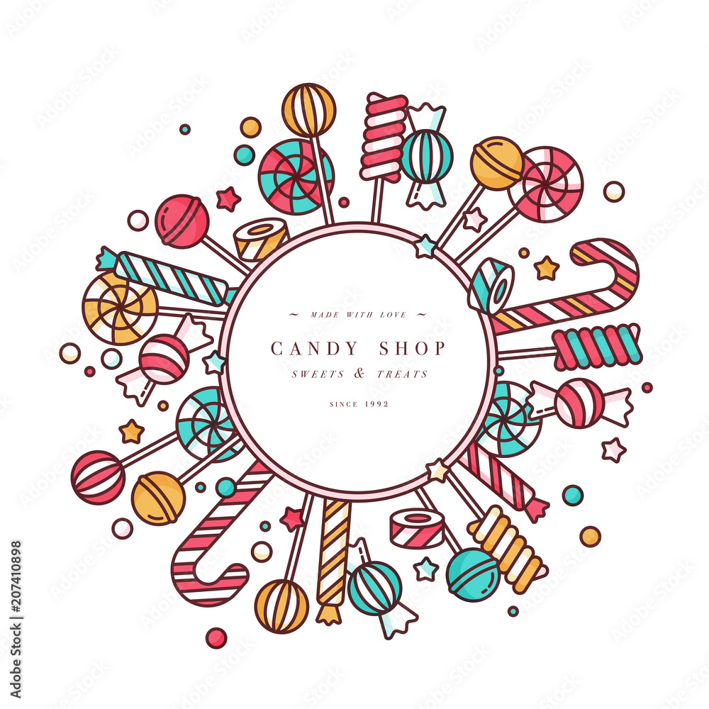 Candy shop round frame background with linear lollipops with sprinkles ...