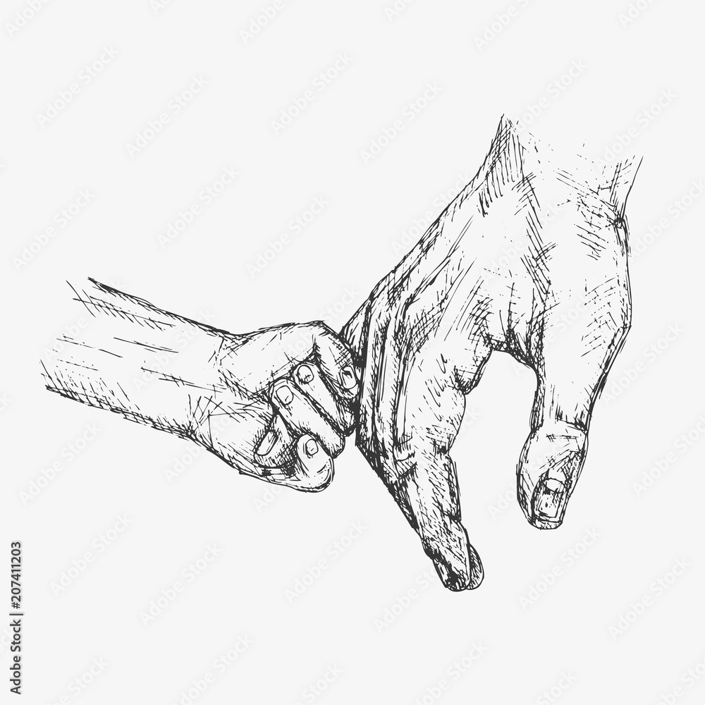 Hand of child and father or parent. Hand drawn vector illustration ...
