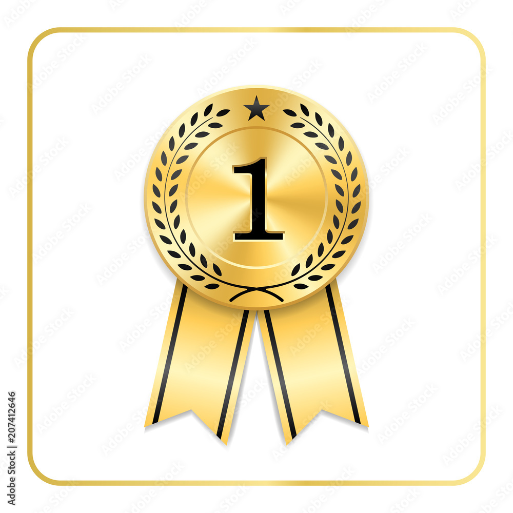Award ribbon gold icon. Blank medal with laurel wreath isolated white ...