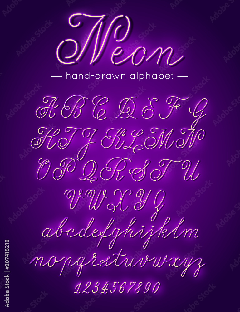 Purple neon handwritten font. Alphabet letters and numbers. Vector type ...
