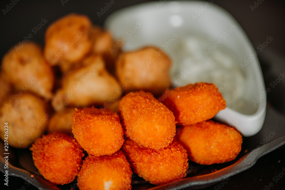 Surimi Crab Claw and battered fish snacks with dip sauce Stock Photo ...
