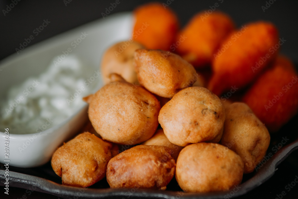 Surimi Crab Claw and battered fish snacks with dip sauce Stock Photo ...