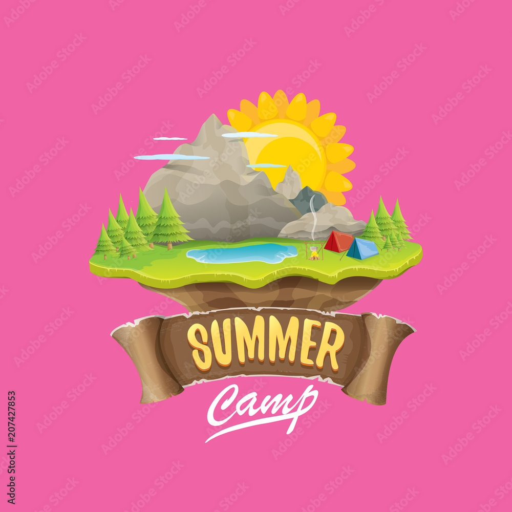 summer camp kids logo concept illustration with green valley, mountains ...
