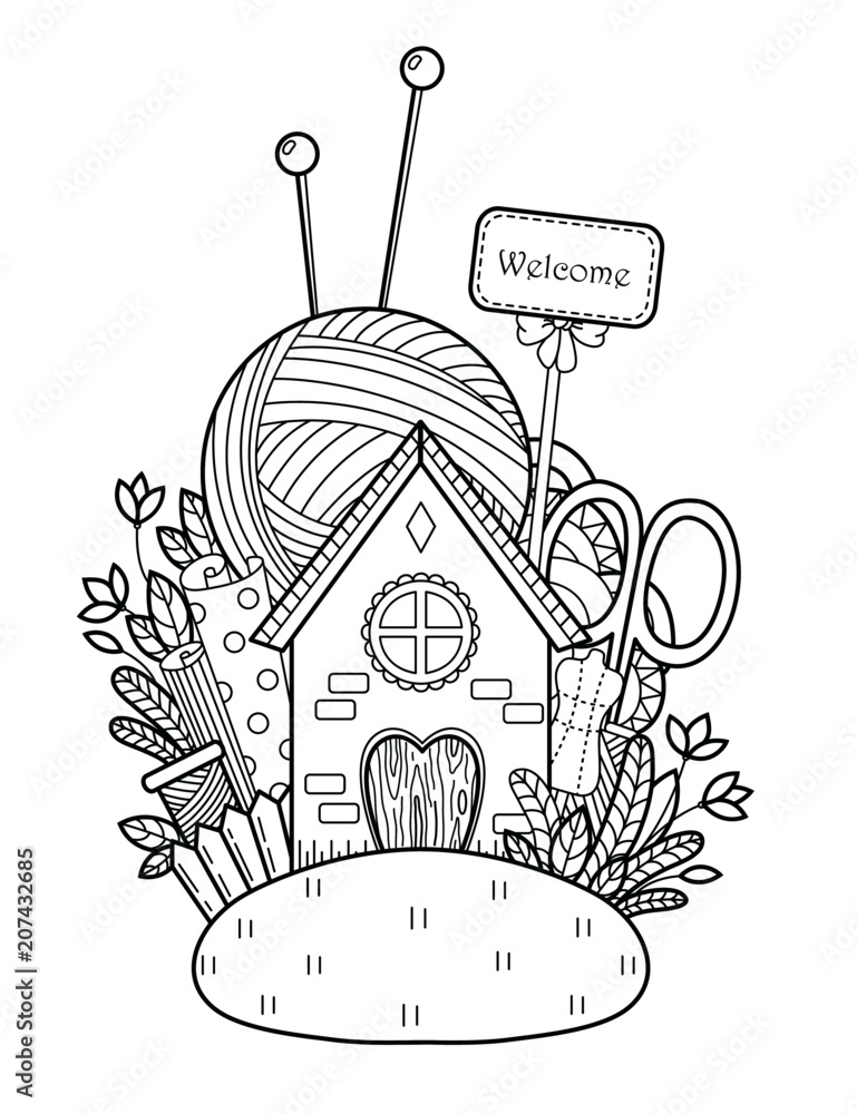 Needlework house. Page for coloring book, greeting card, print, t-shirt ...