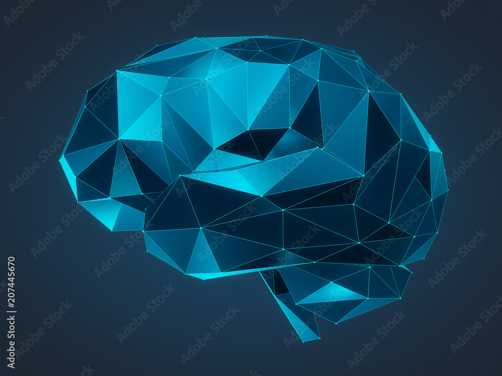 3d Illustration of a human brain consisting of lines and polygon shapes ...