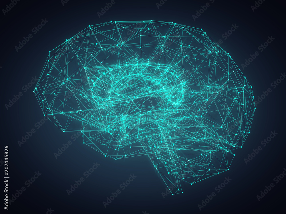 3d Illustration of a human brain consisting of lines and polygon shapes ...