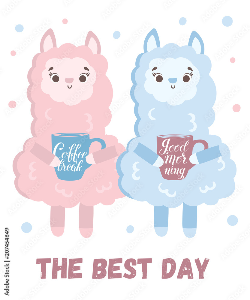 Vector greeting card with cute llamas. Poster with adorable objects on ...