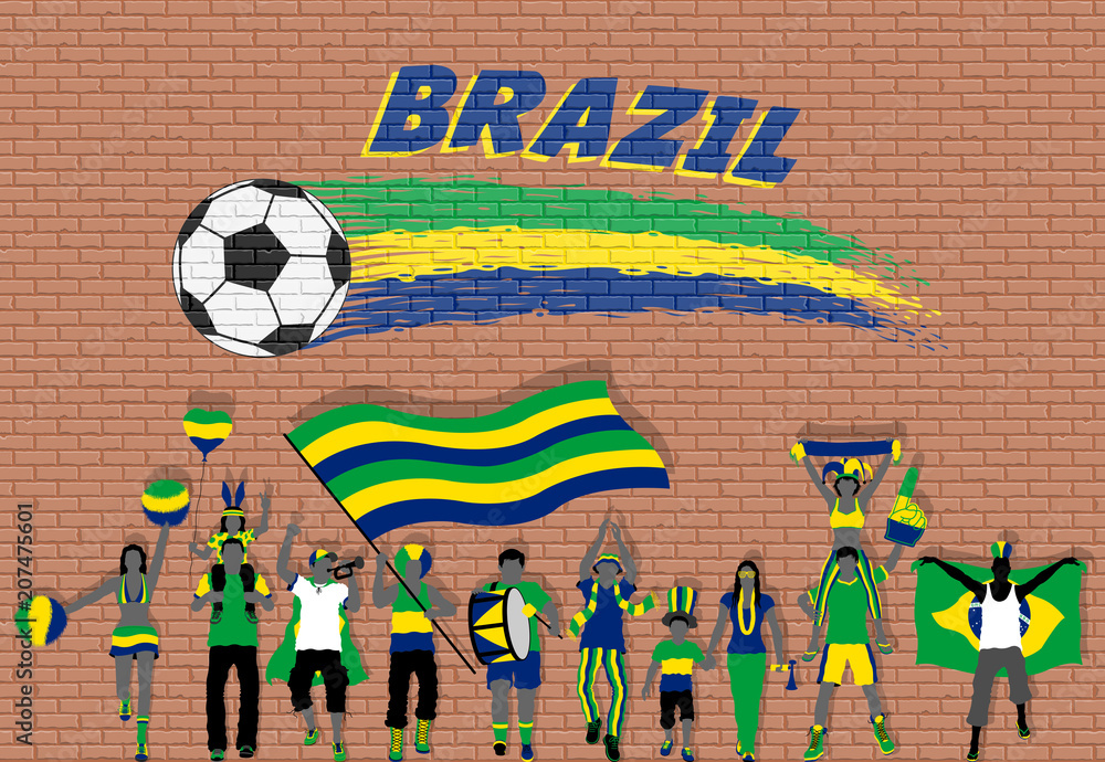 Brazilian football fans cheering with Brazil flag colors in front of ...
