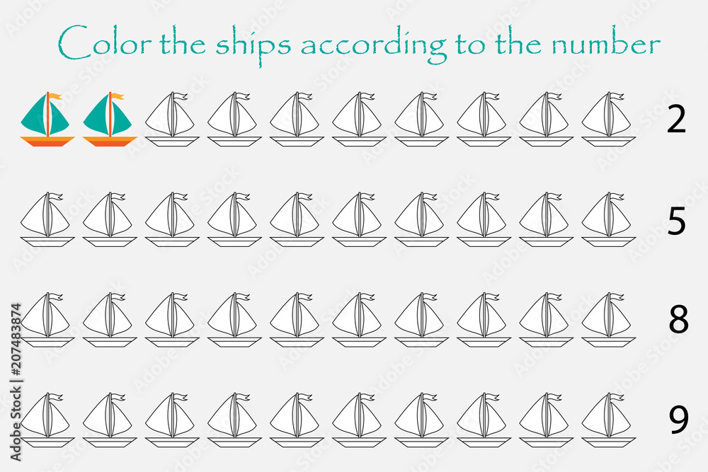 Mathematics game for children, count and color ships, easy level ...