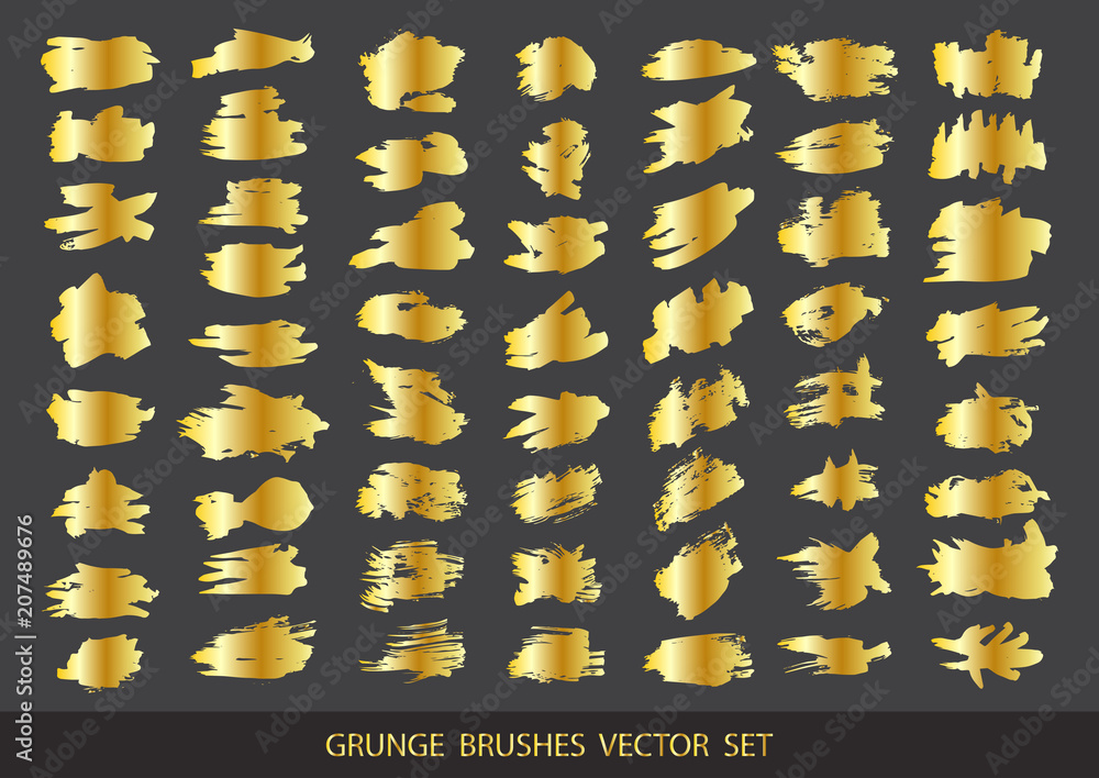 Set of gold paint, ink brush strokes, brushes, lines. Dirty artistic ...