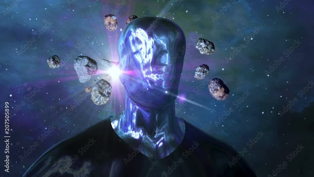 A futuristic 3d rendering of a cyborg looking man without eyes and a ...