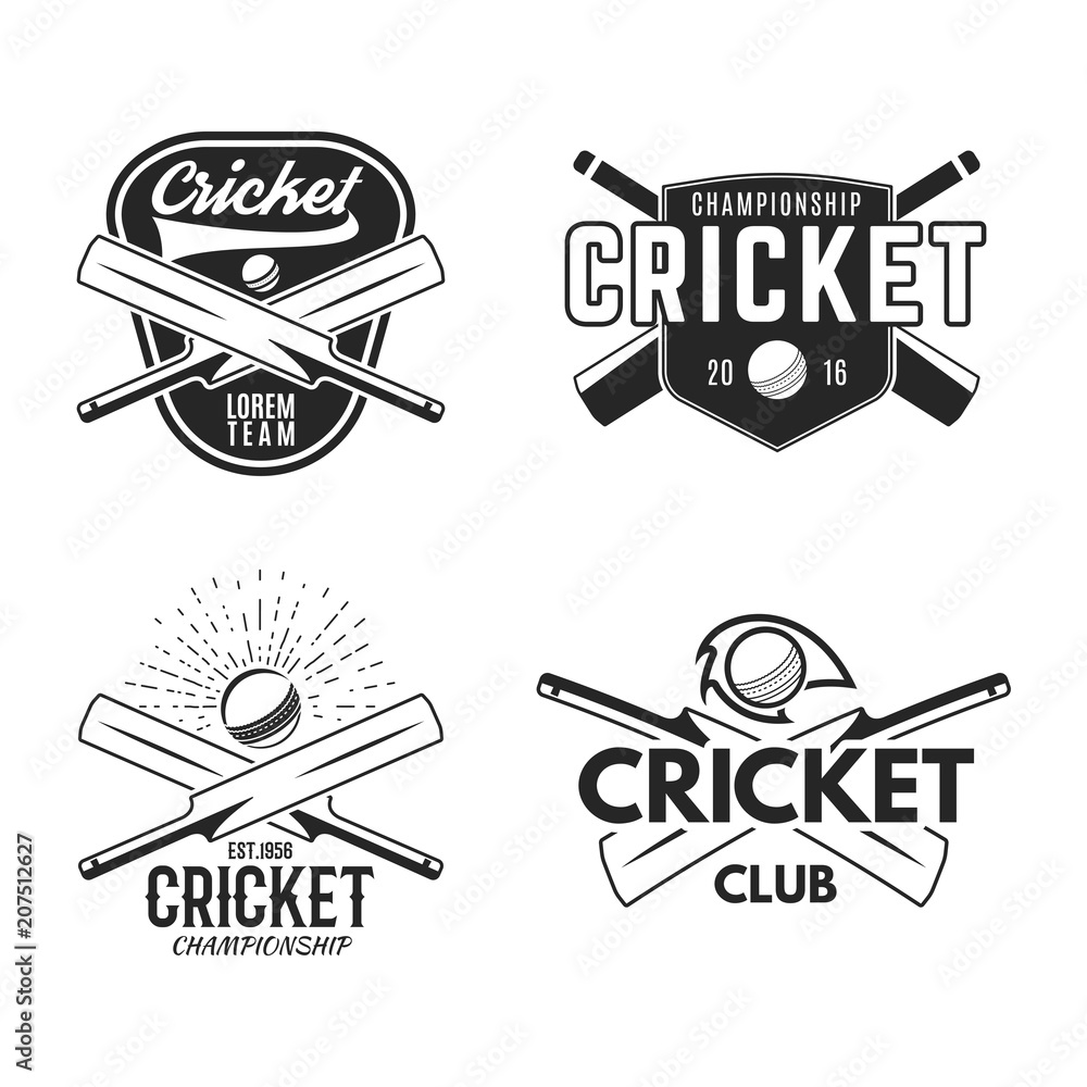 Cricket logo set, sports template emblems elements - ball, bat. Use as ...