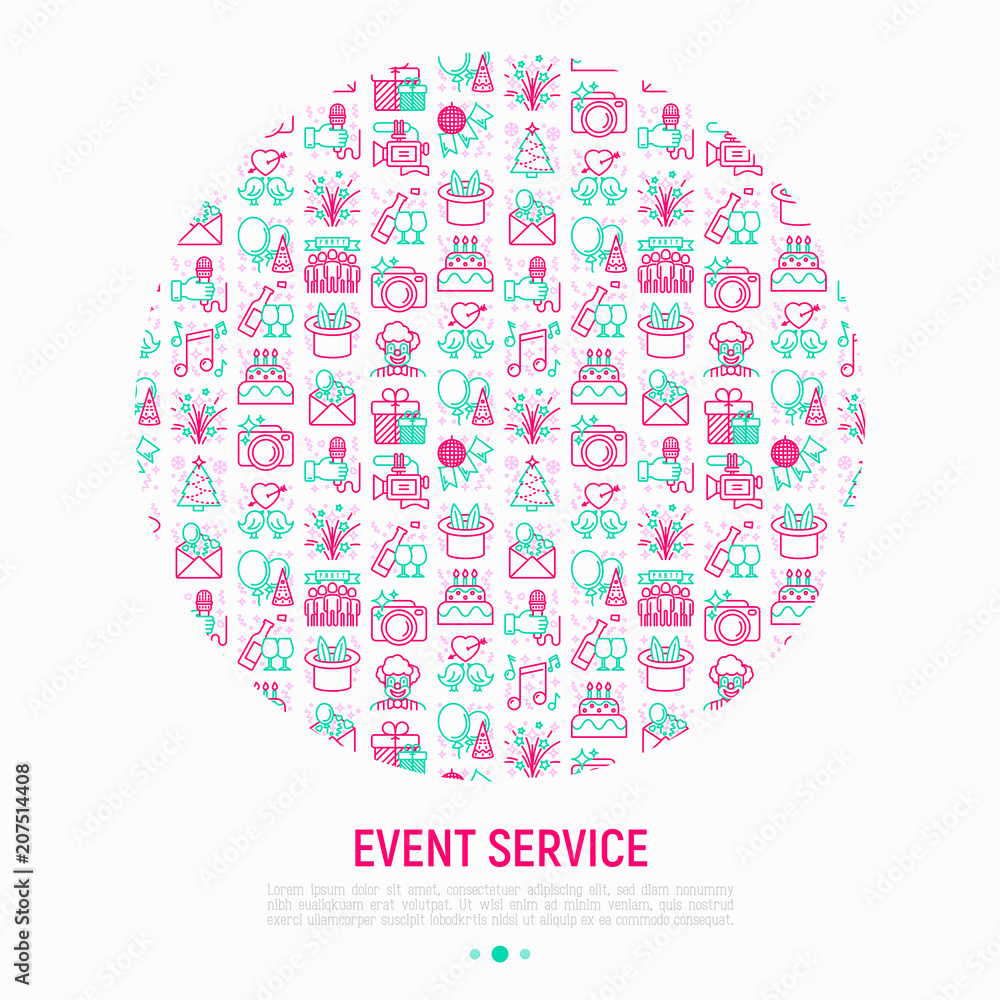 Event services concept in circle with thin line icons: kids party ...