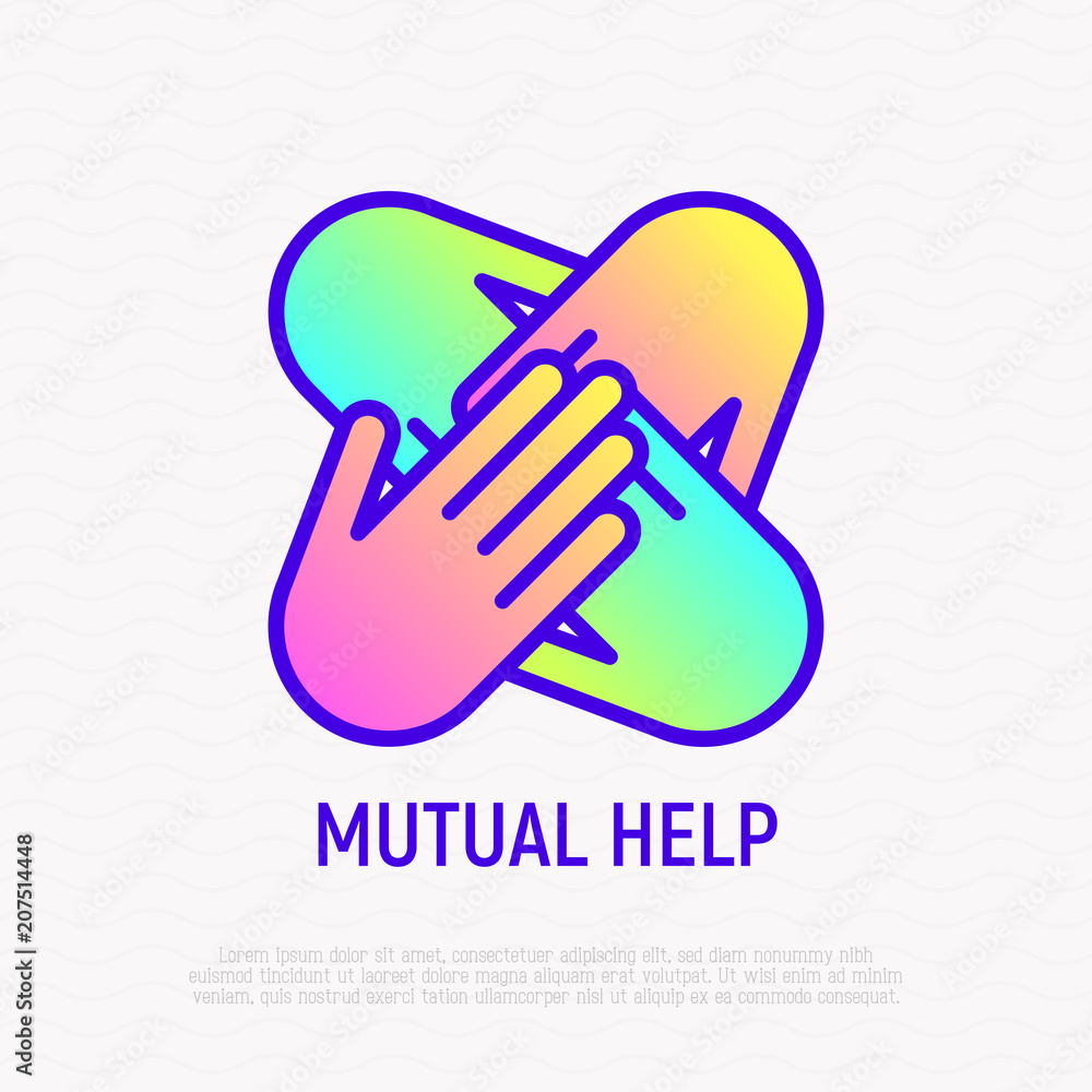 Four hands together thin line icon, symbol of mutual help, charity ...