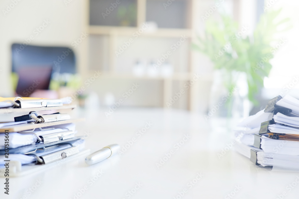 Stack of paper files and pen business equipment on office table. Stock ...