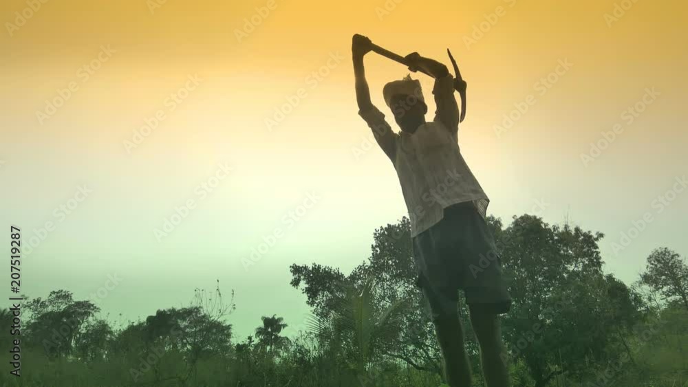 A slow motion shot of an Indian farmer digging up fertile soil in his ...