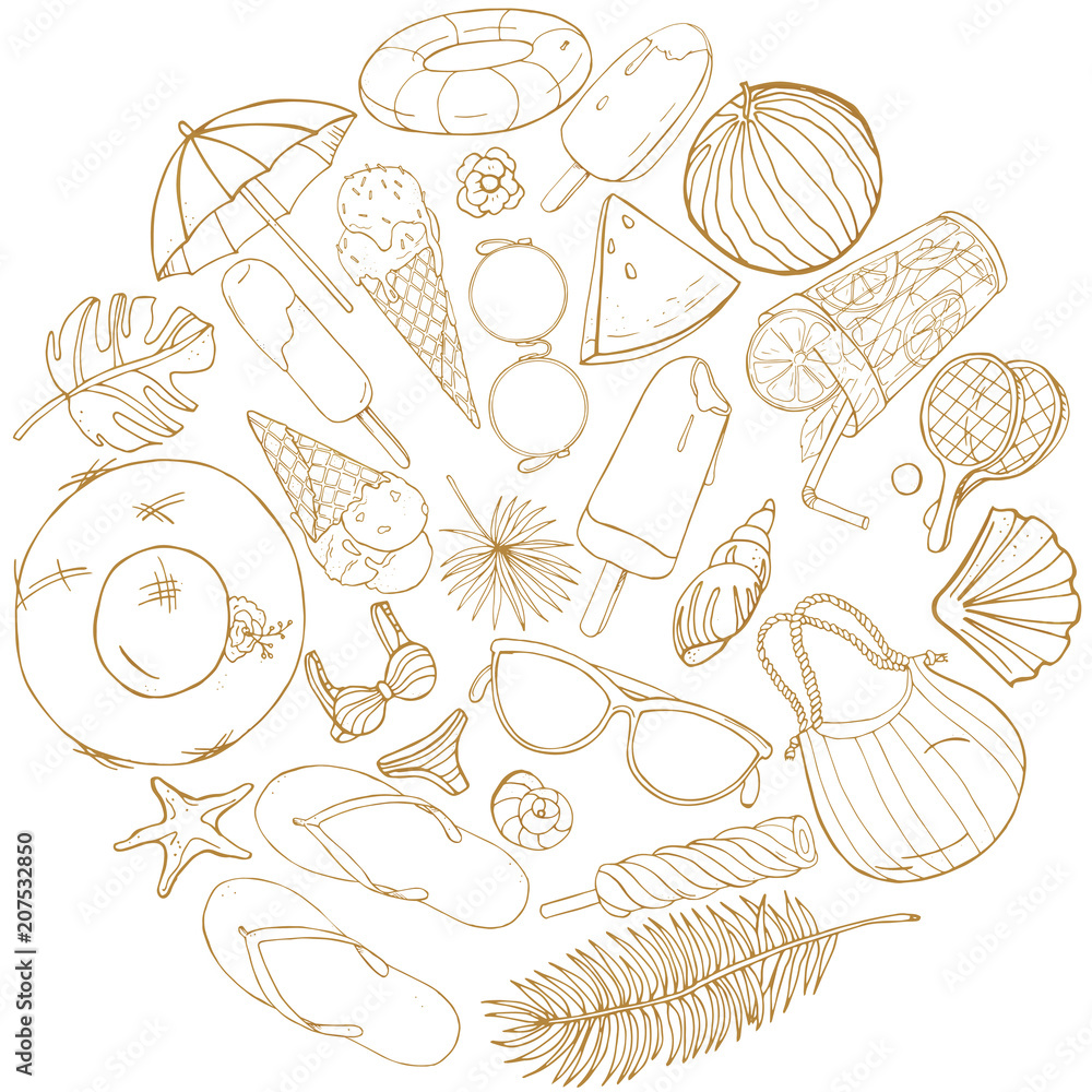Collection of objects on a summer theme in a round composition in the ...