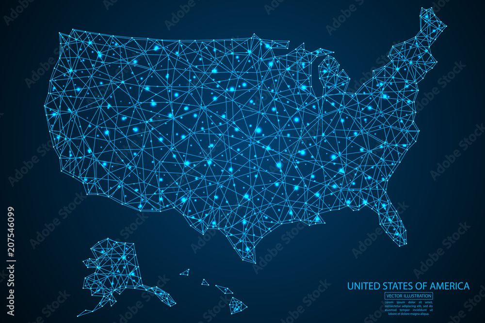 A map of United States of America consisting of 3D triangles, lines ...