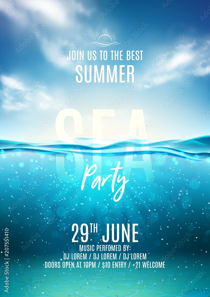 Summer sea party poster template. Vector illustration with deep ...