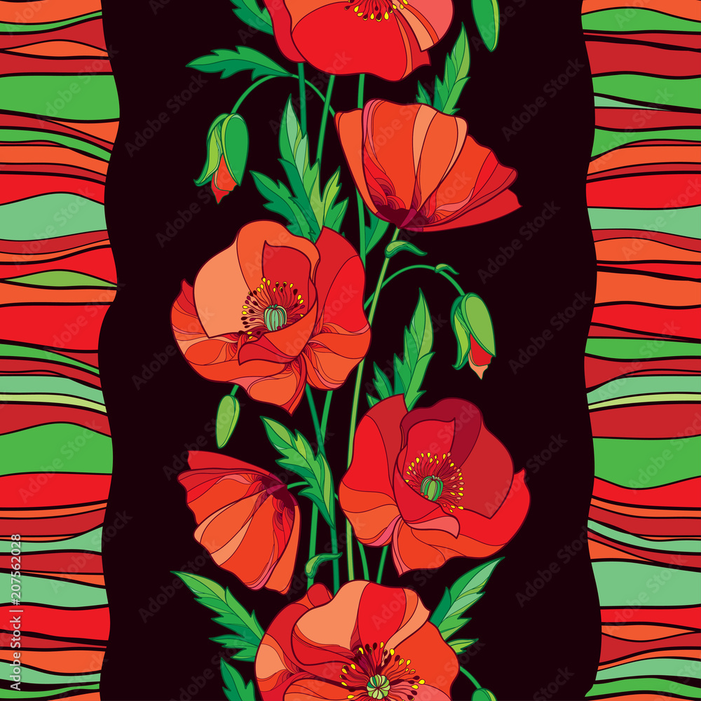 Vector seamless pattern with outline red Poppy flower, bud and green ...