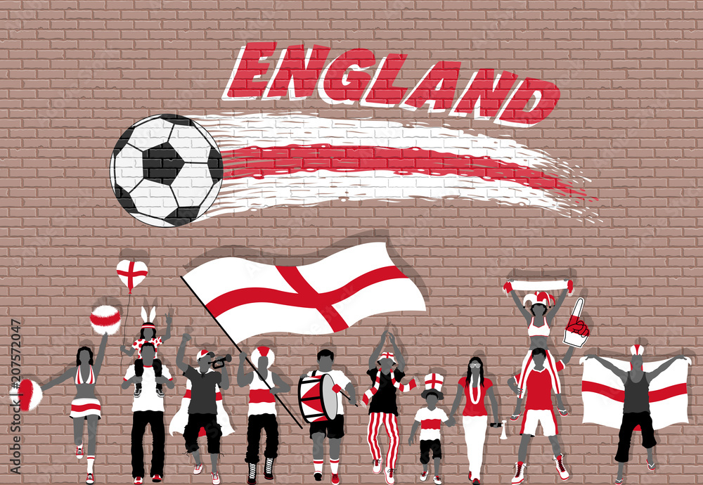 English football fans cheering with England flag colors in front of ...