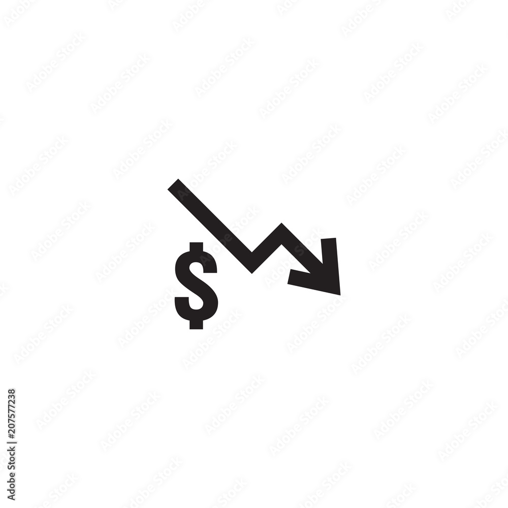 dollar decrease icon. Money symbol with arrow stretching rising drop fall down. Business cost ...