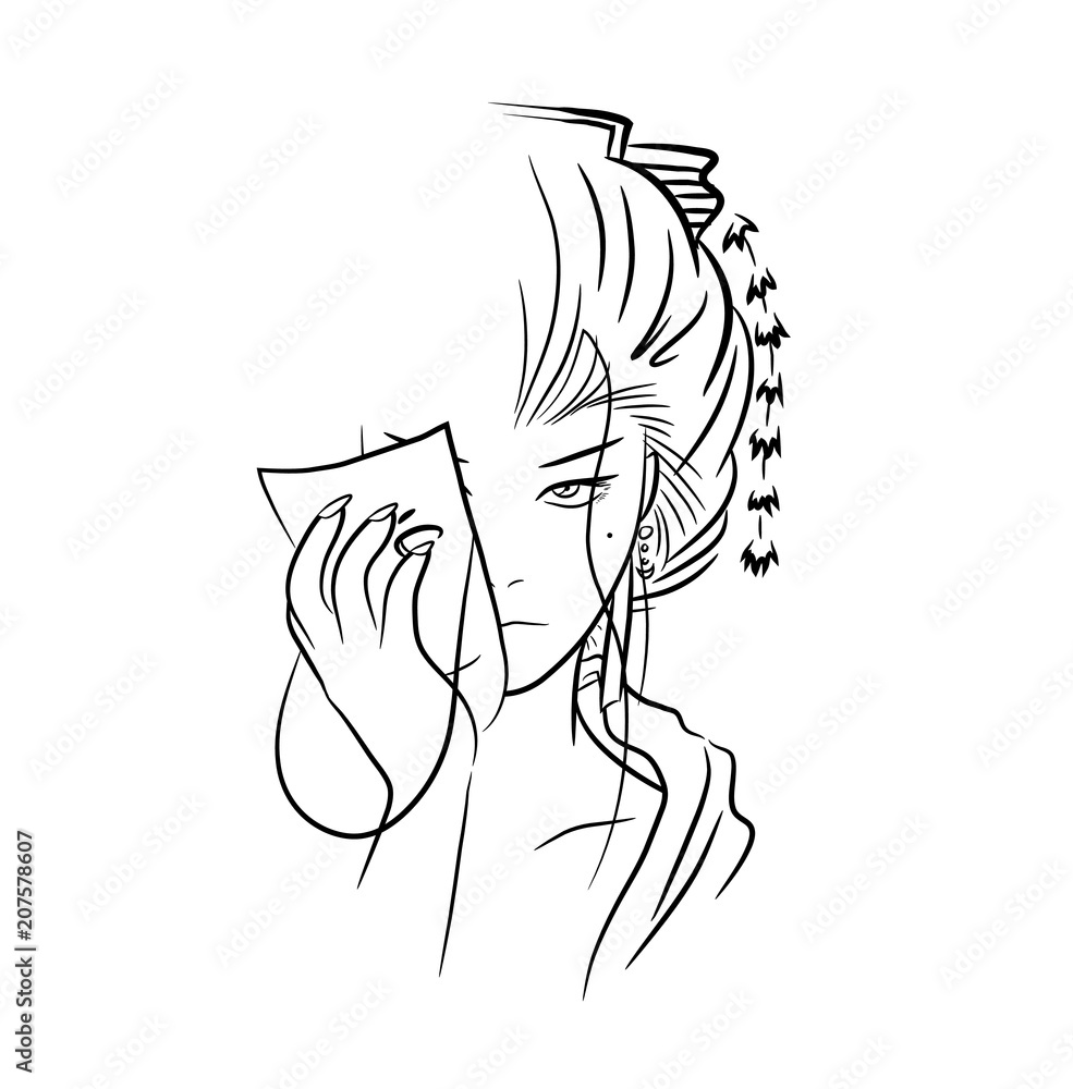 Hand Drawn Line Art Cartoon Illustration of A Beautiful Geisha Covers ...