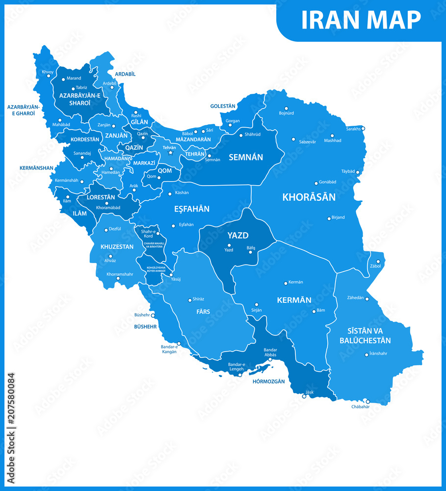 The detailed map of Iran with regions or states and cities, capital ...