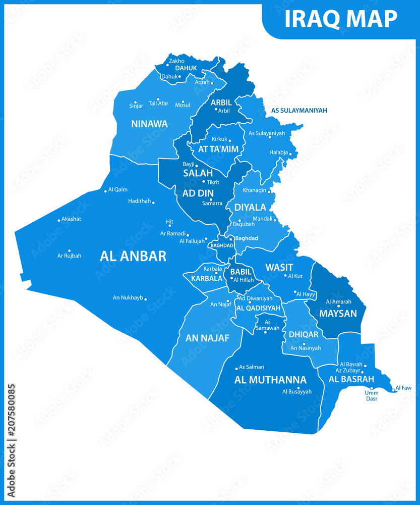 The detailed map of Iraq with regions or states and cities, capital ...