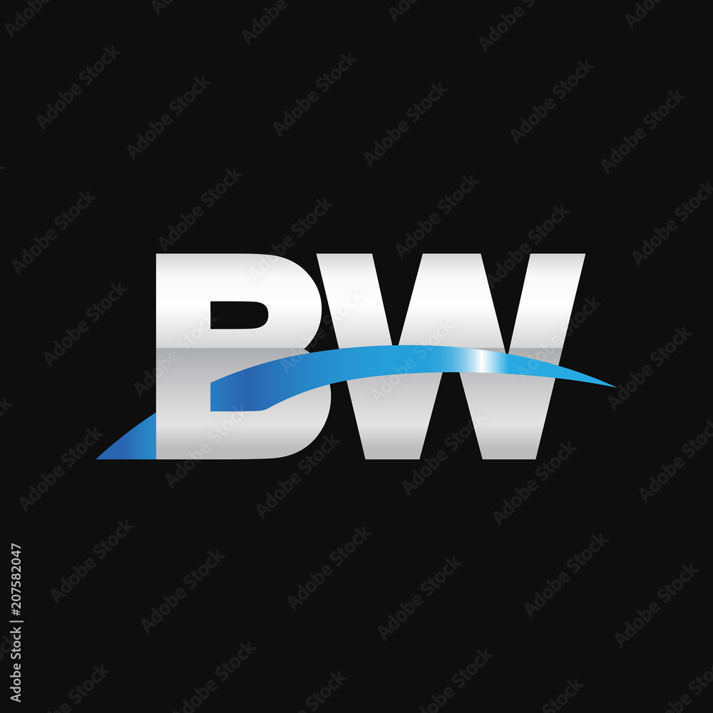Initial letter BW, overlapping movement swoosh logo, metal silver blue ...