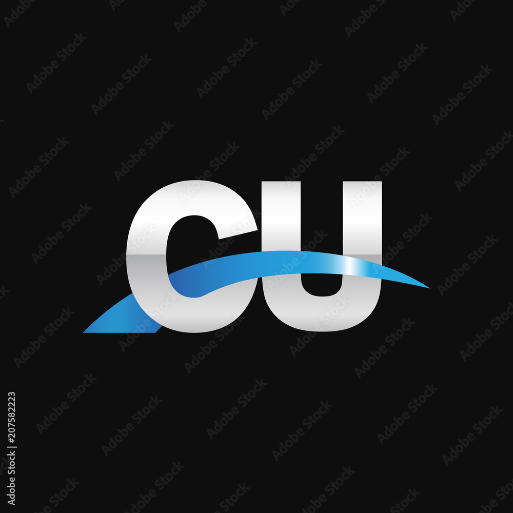 Initial letter CU, overlapping movement swoosh logo, metal silver blue ...
