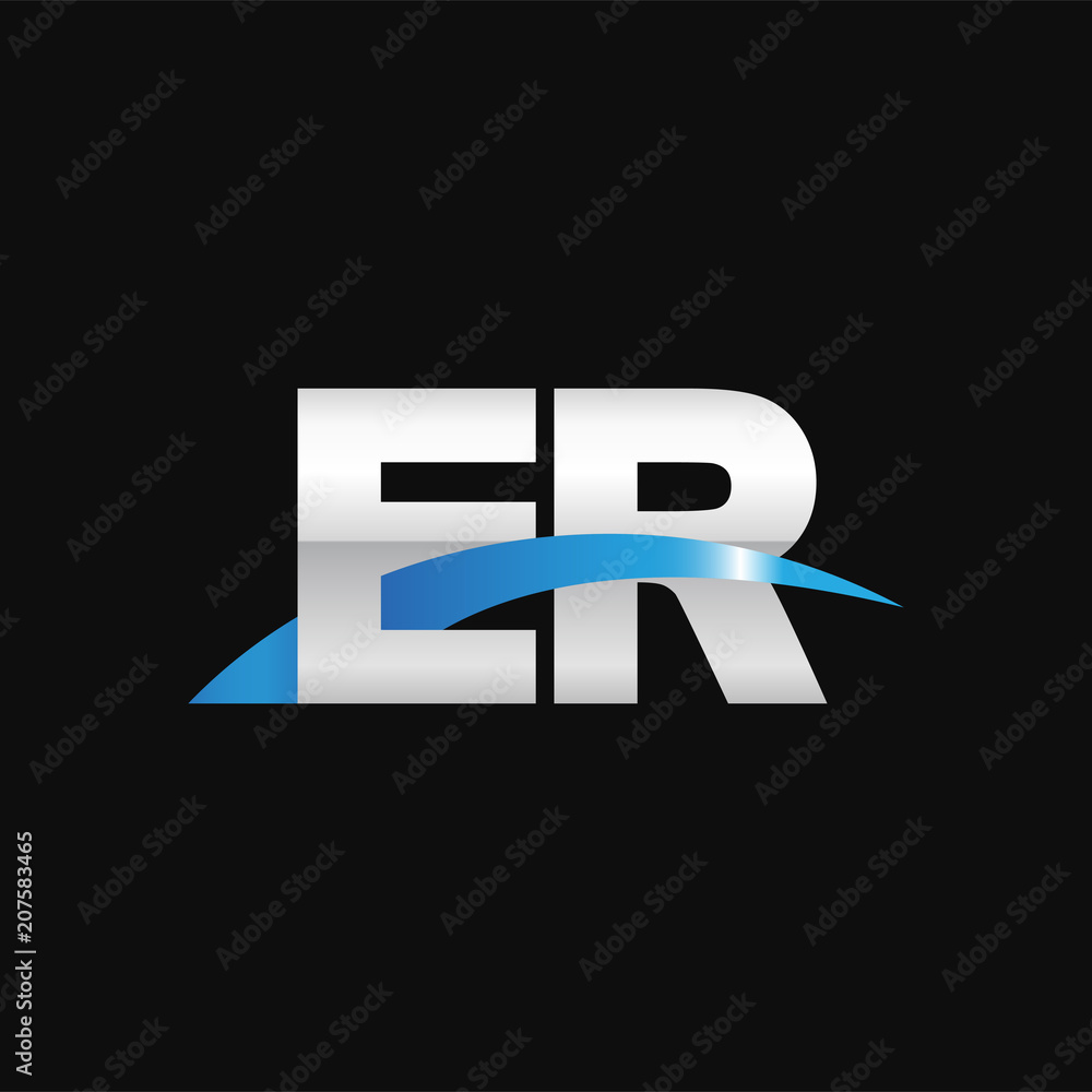Initial letter ER, overlapping movement swoosh logo, metal silver blue ...