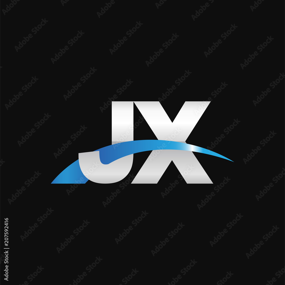 Initial letter JX, overlapping movement swoosh logo, metal silver blue ...