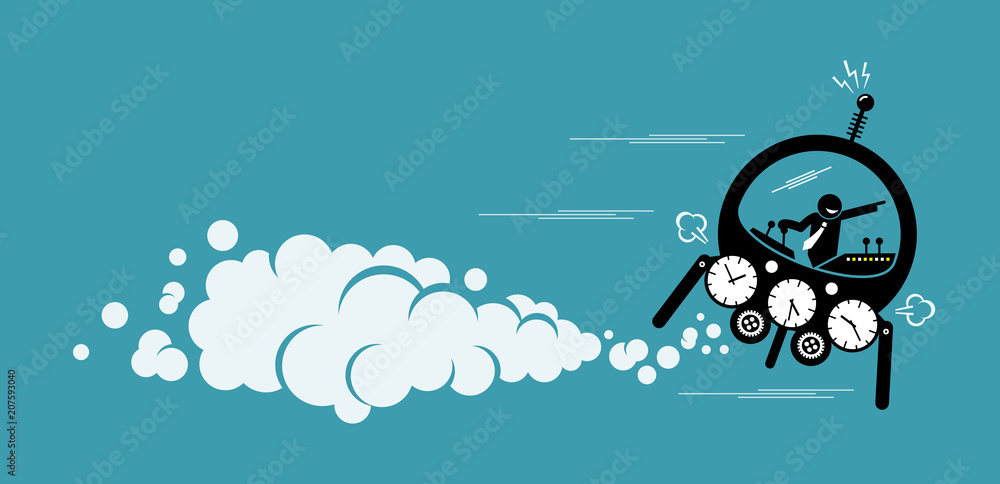 Businessman flying in a time machine going to the future or past ...