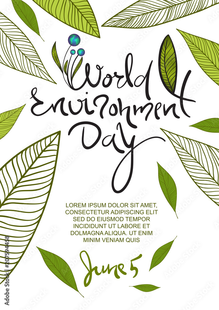World Environment Day poster. 5 June lettering with leaves decor ...