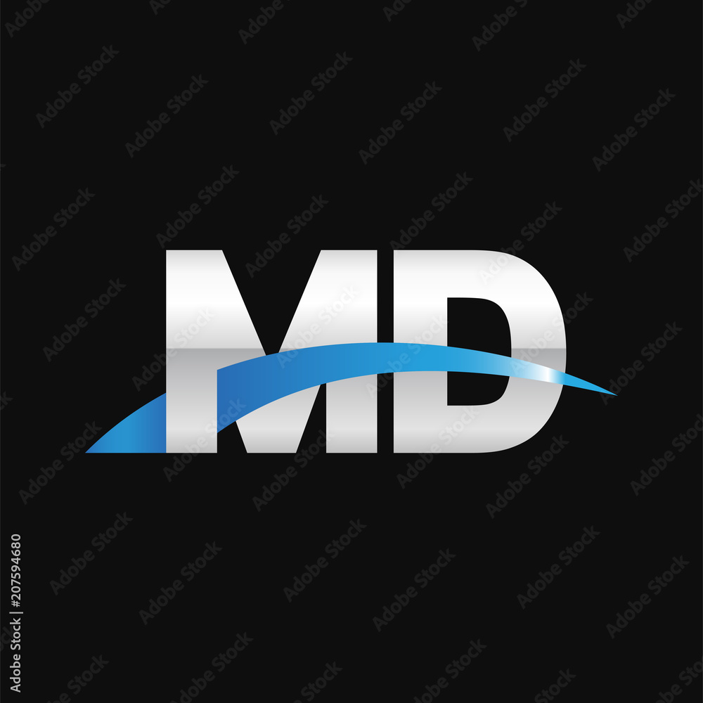 Initial letter MD, overlapping movement swoosh logo, metal silver blue ...