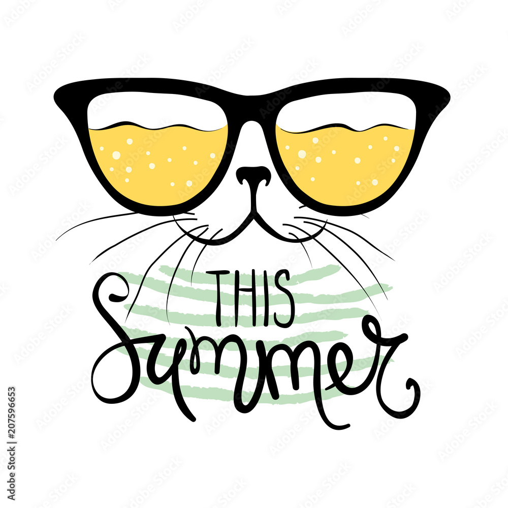 Cat in sunglasses/Funny summer hand drawing calligraphy, vector ...