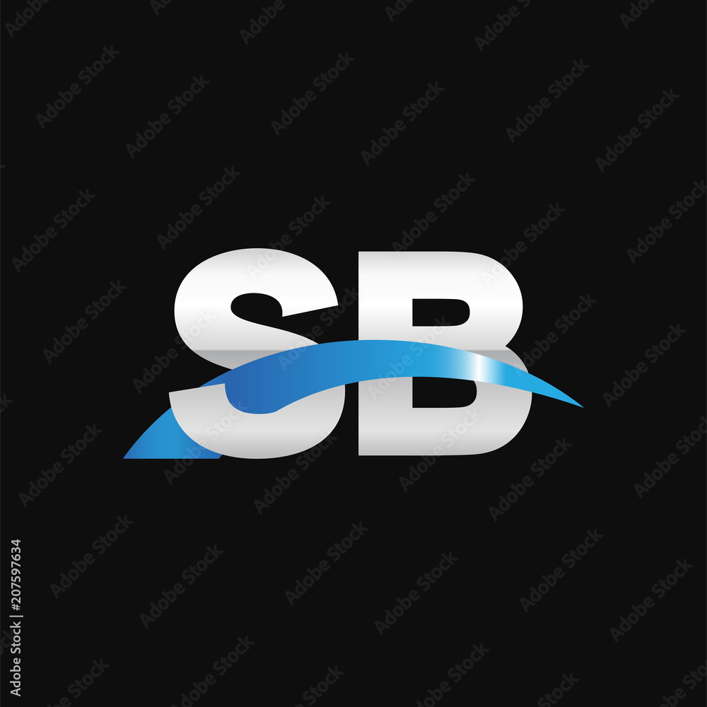 Initial letter SB, overlapping movement swoosh logo, metal silver blue ...