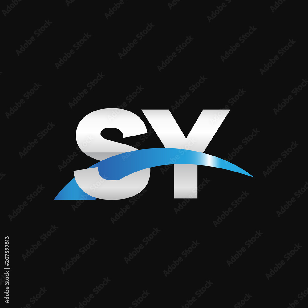 Initial letter SY, overlapping movement swoosh logo, metal silver blue ...