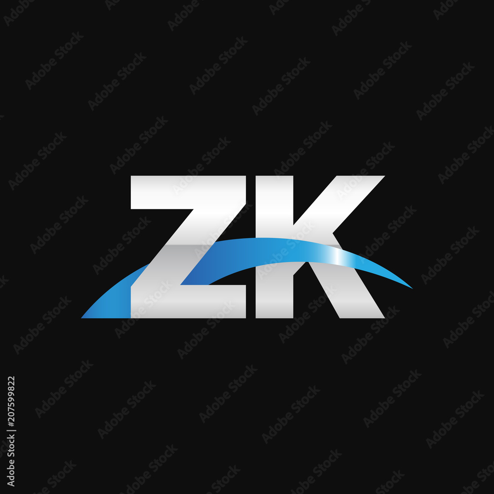 Initial letter ZK, overlapping movement swoosh logo, metal silver blue ...