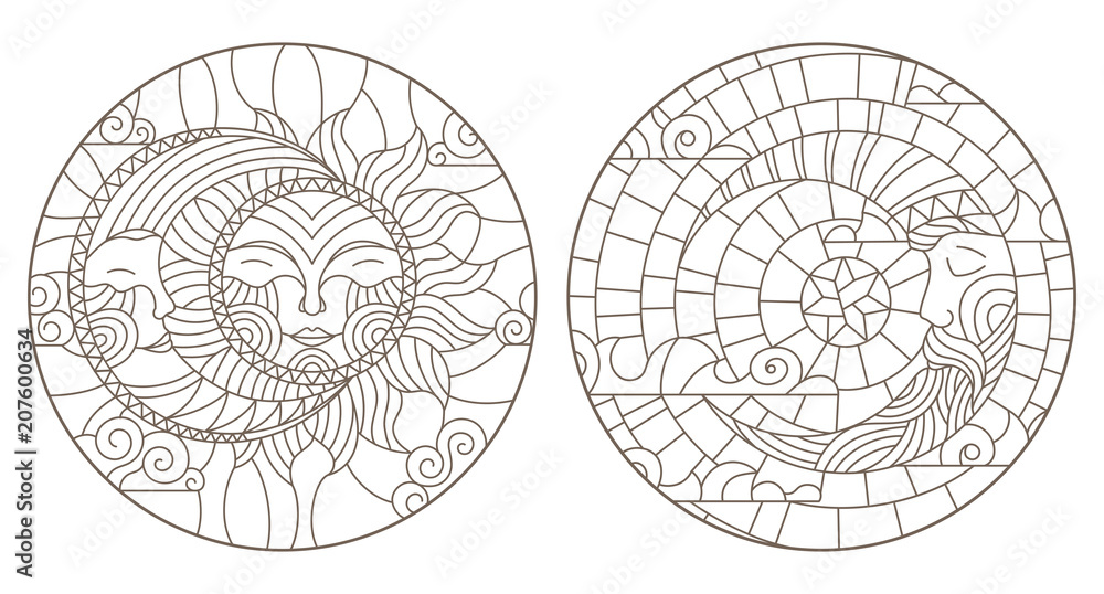Set of outline illustrations of stained glass Windows with sun and moon ...