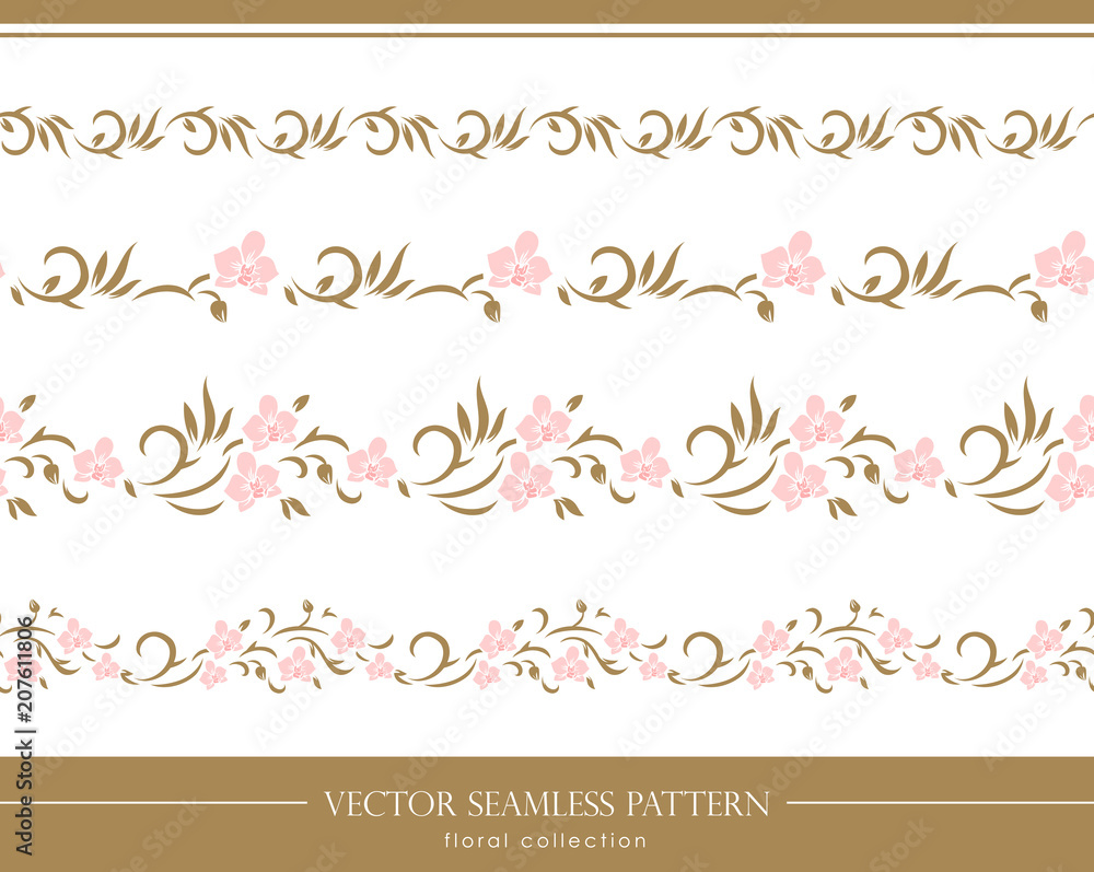 Seamless floral pattern and border with orchids. Vector background ...