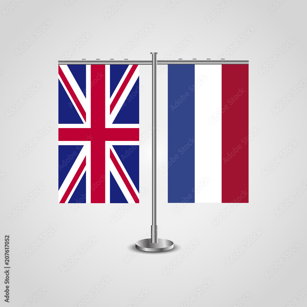 Table stand with flags of United Kingdom and Netherlands.Two flag. Flag ...