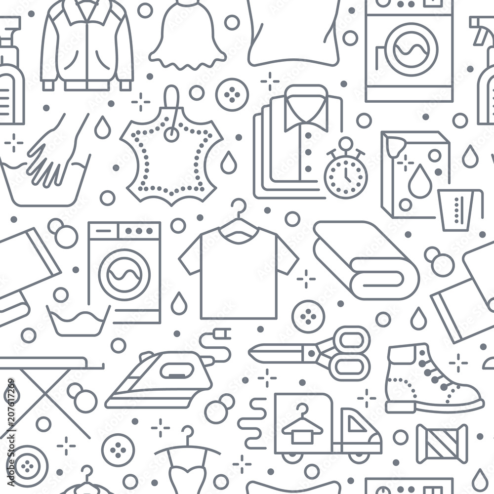 Dry cleaning, laundry seamless pattern with line icons. Laundromat ...
