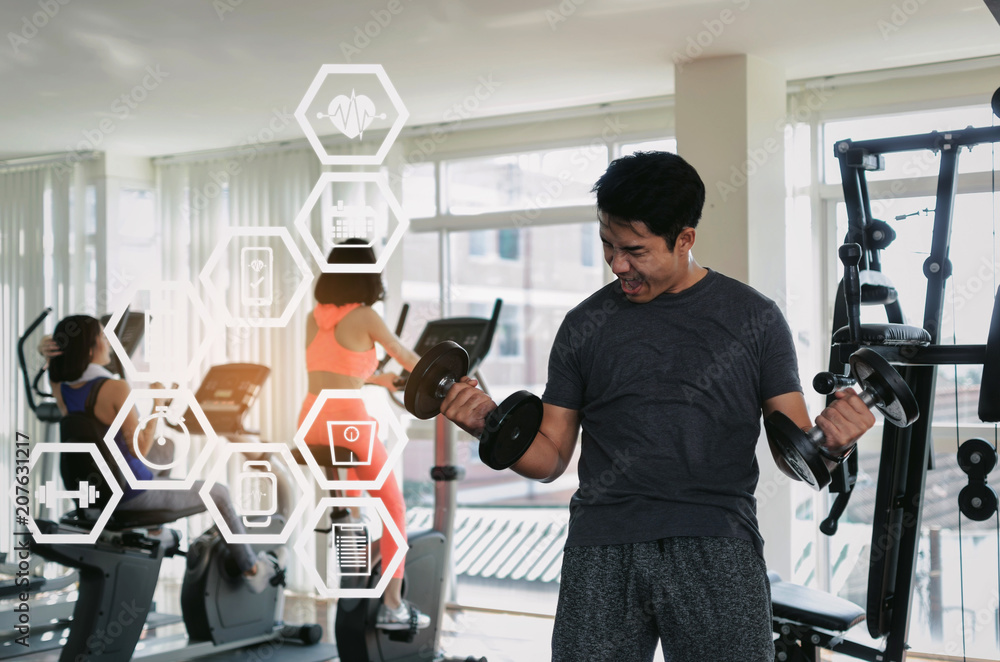 asian young handsome man powerful shouting screaming and doing exercise ...